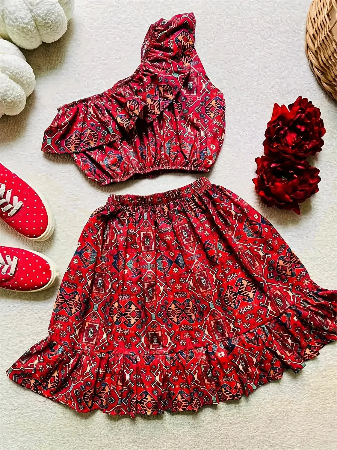 Geometric Red Ruffle Coord Set - NEWME