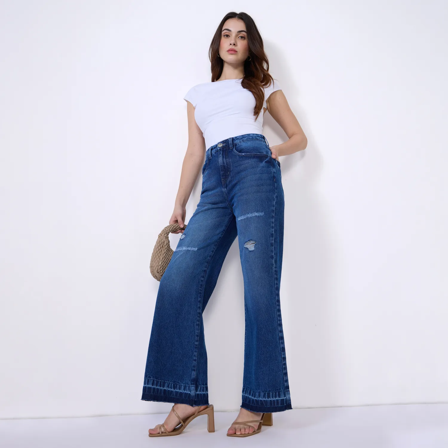 Dark Blue Slight Ripped Flare Jeans - NEWME