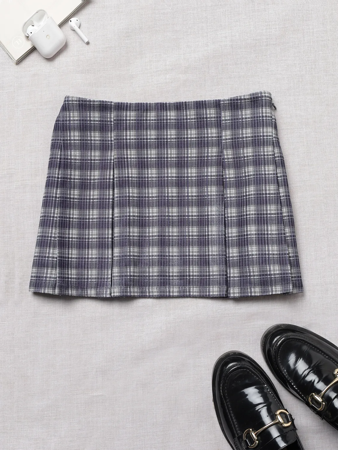 Checkered Print Front Pleated Skirt - NEWME
