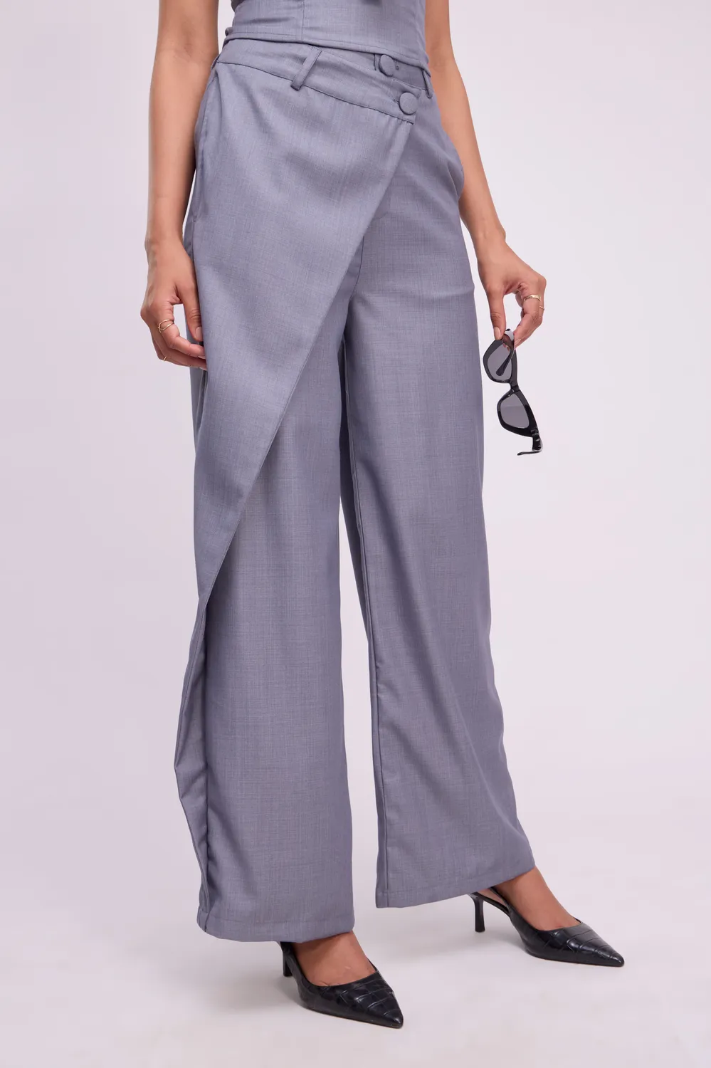 Grey Slant Hem Layered Trousers - NEWME
