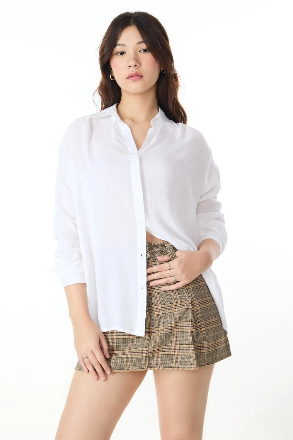 White Solid Spread Collar Oversized Shirt - NEWME