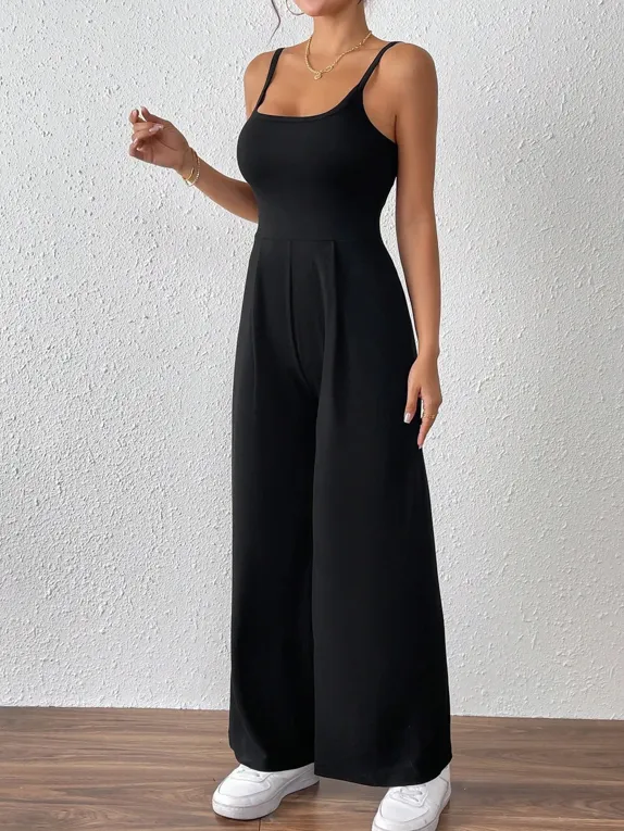 Black Solid Pleat Detail Jumpsuit - NEWME