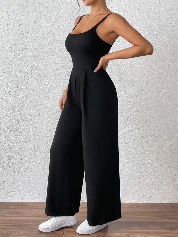 Black Solid Pleat Detail Jumpsuit - NEWME