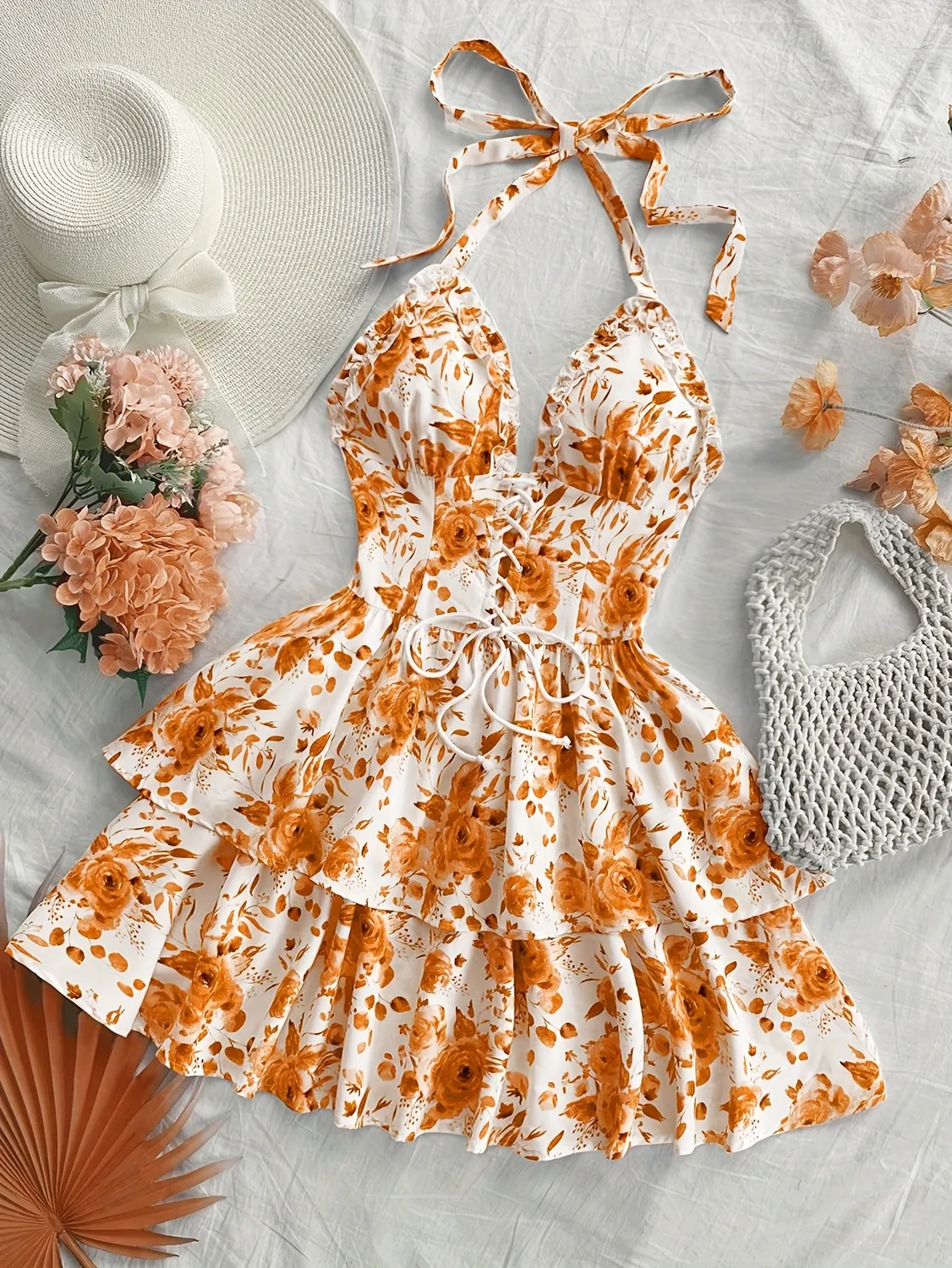 Orange Floral Fit Flare Dress - NEWME