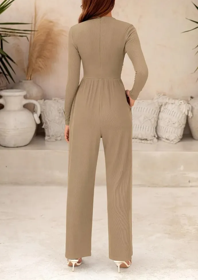 Beige High Neck Pleated Jumpsuit - NEWME