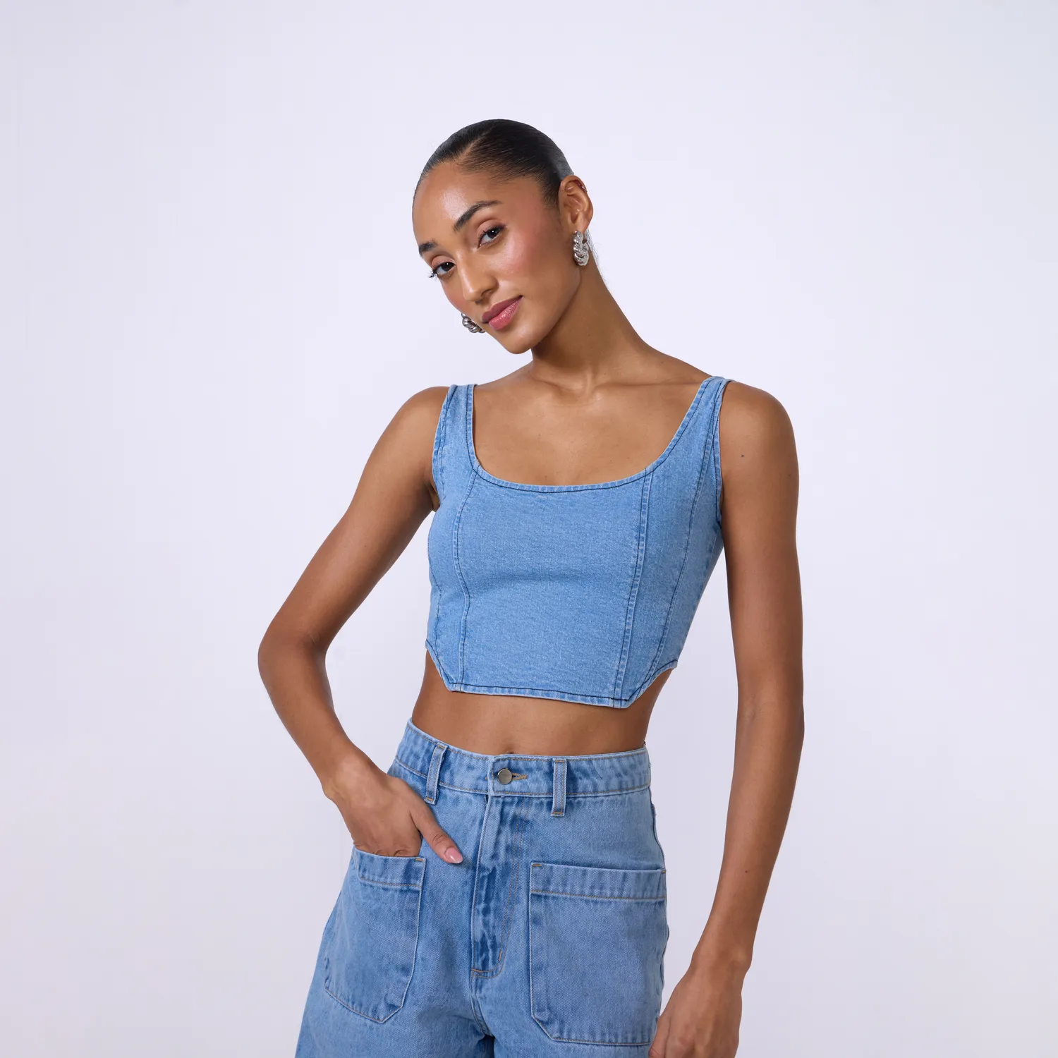 Blue Solid Denim Crop Top - NEWME