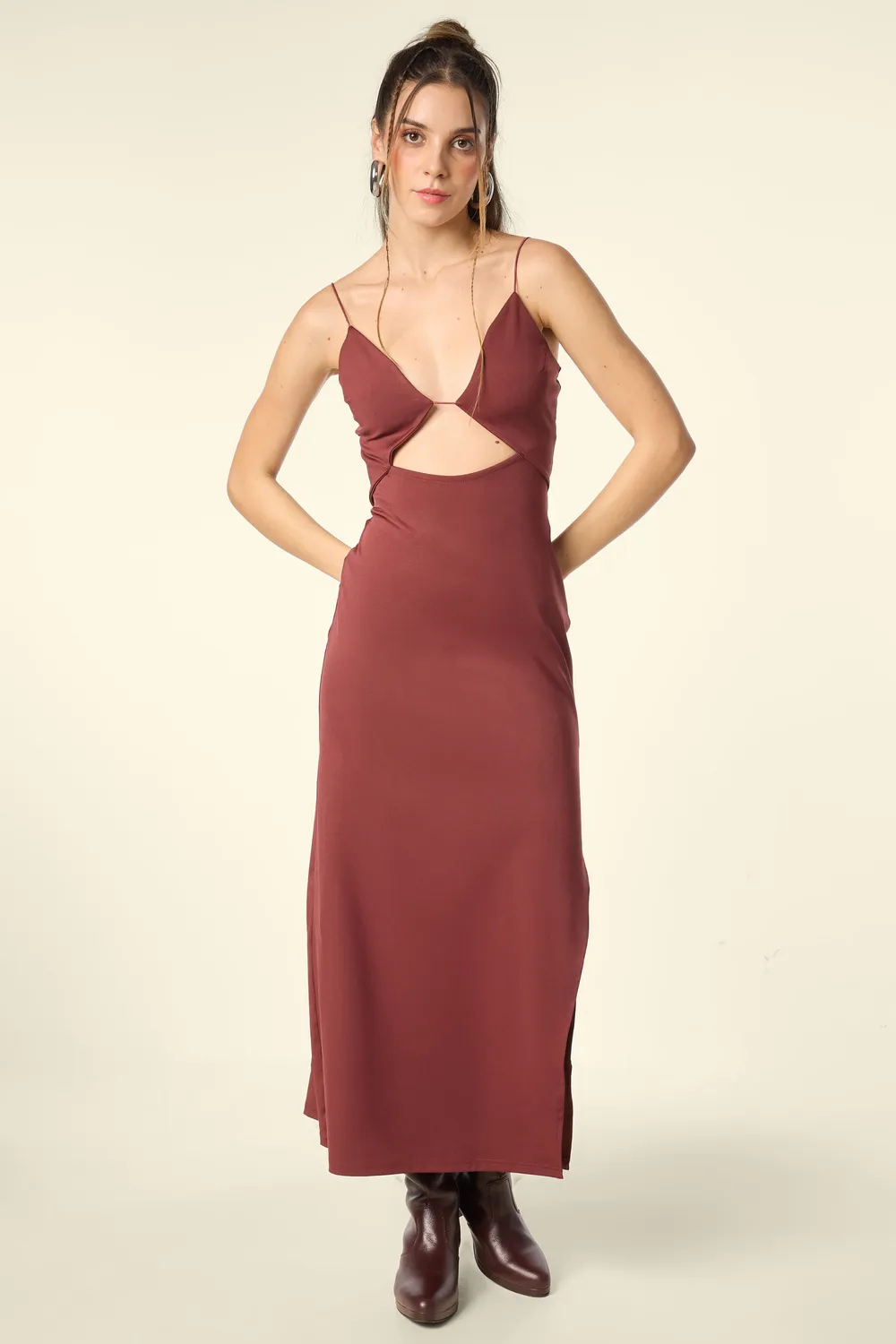 Rust Cut-Out Slit Dress - NEWME