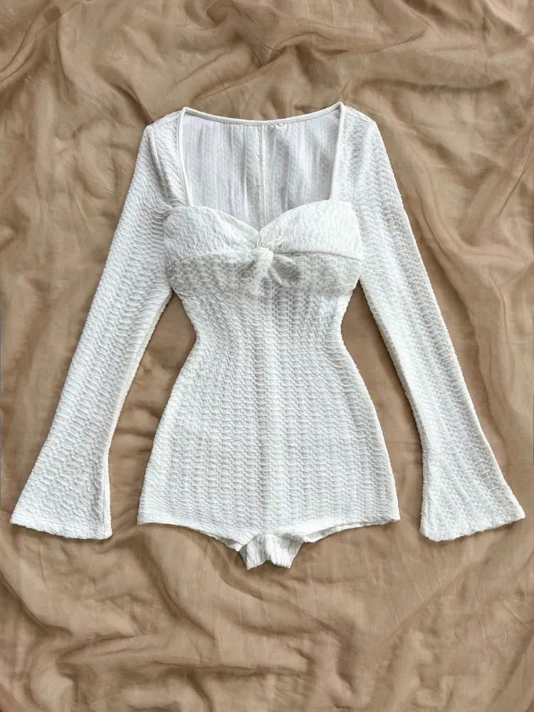 White Textured Flared Sleeve Playsuit - NEWME