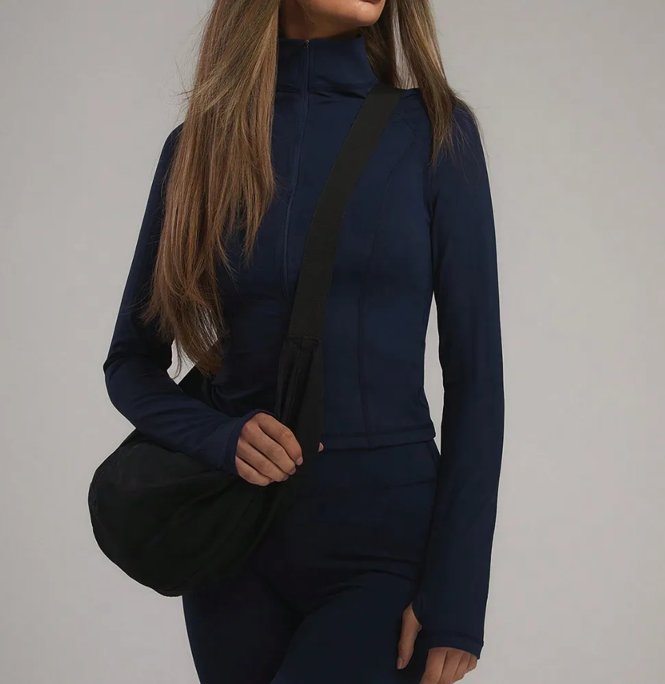 Navy Blue High Neck Fitted Jacket - NEWME