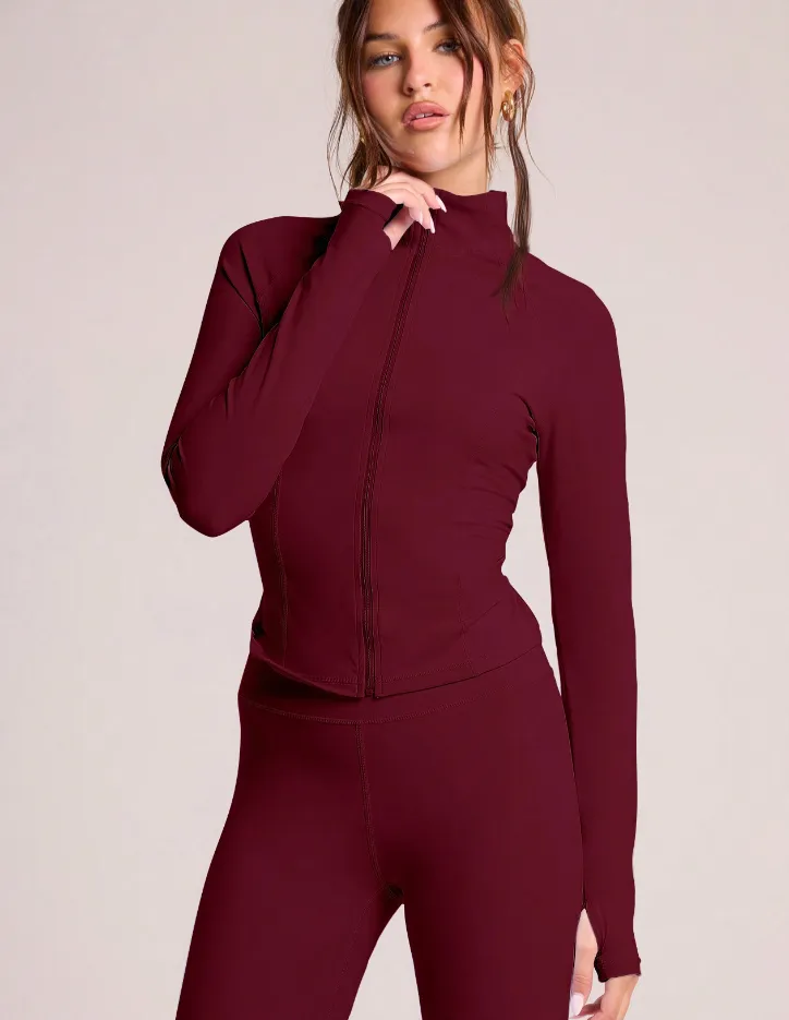 Wine Red High Neck Fitted Jacket - NEWME