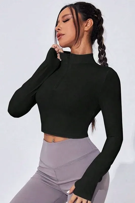 Black Solid Zip Collar Crop Top - NEWME
