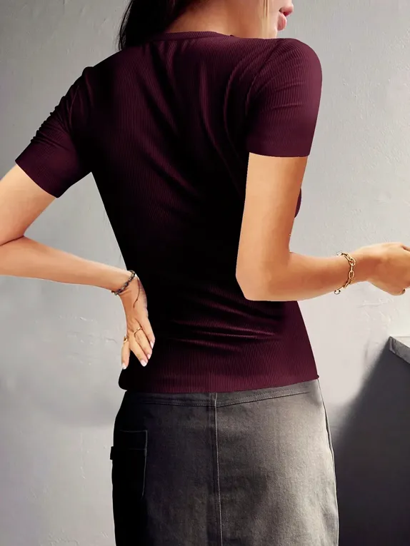 Dark Brown Solid Round Neck Tshirt - NEWME