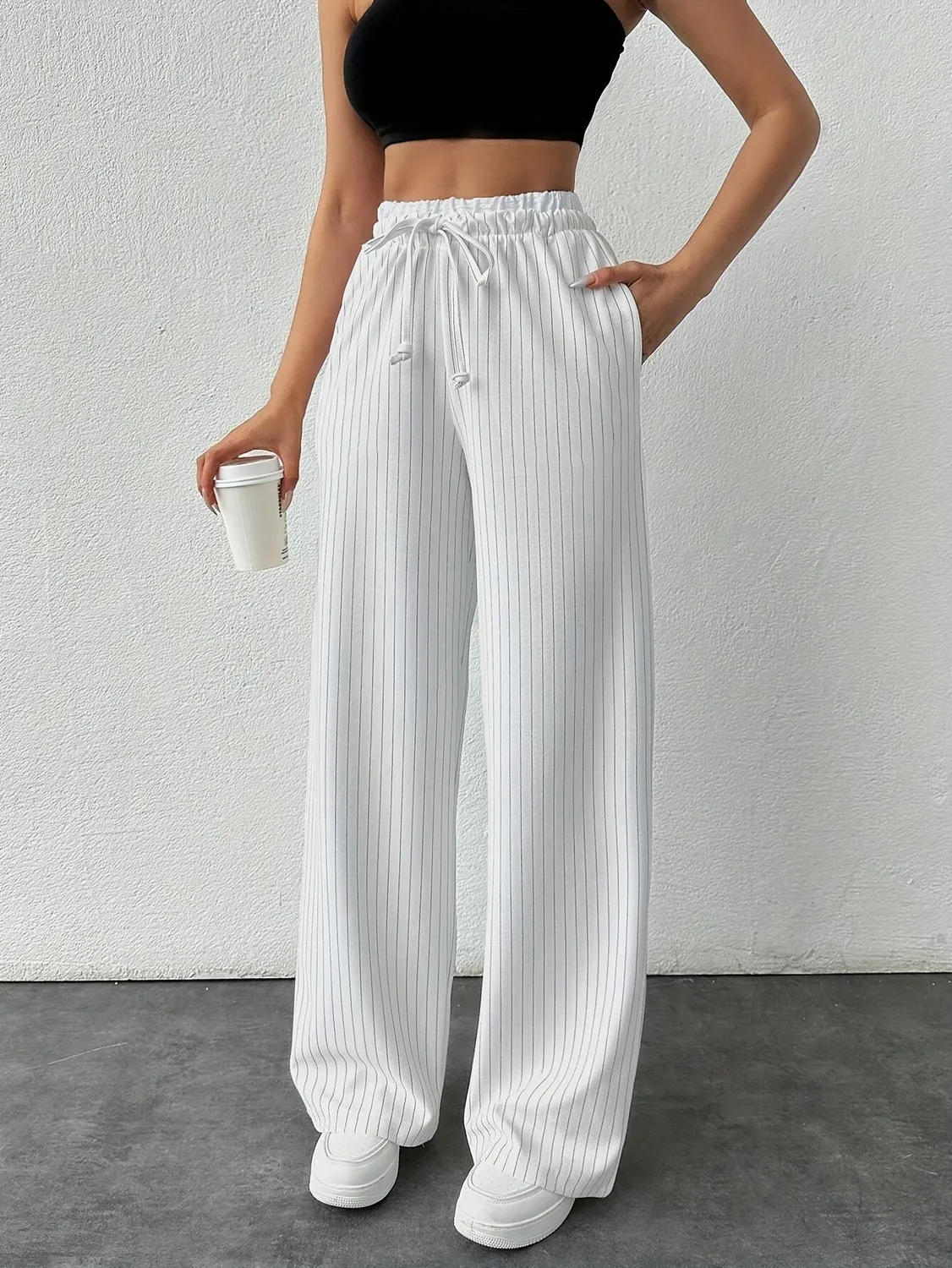 Mid Rise Striped Drawstring Pants - NEWME