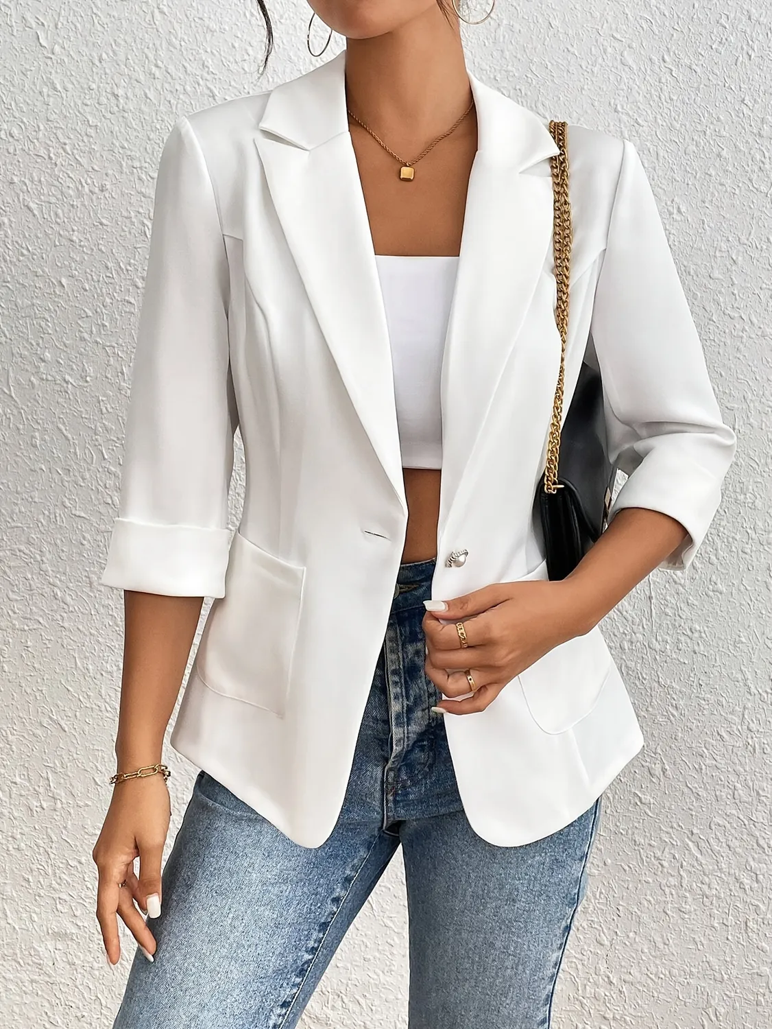 White Lapel Collar Blazer - NEWME