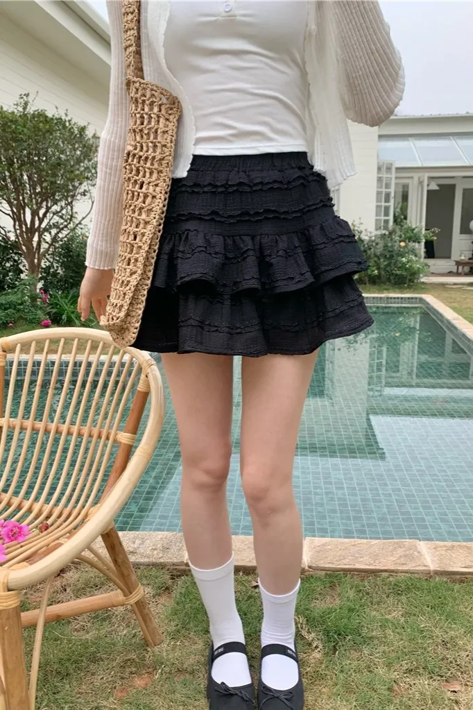 Black Solid Ruffled Mini Skirt - NEWME