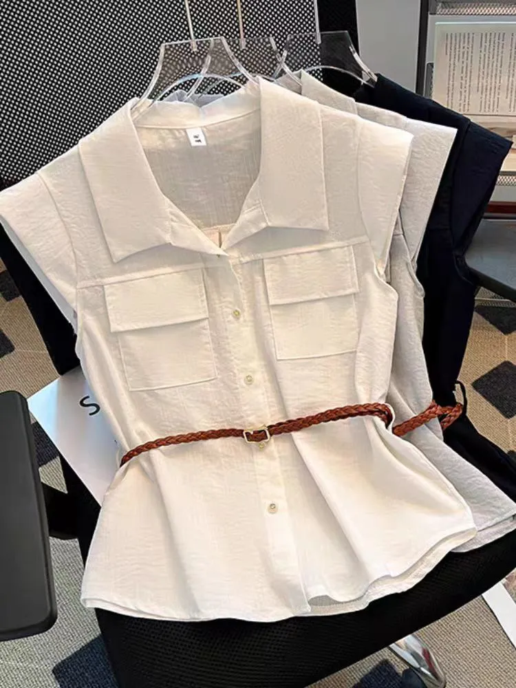 White Solid Belted Shirt Style Top - NEWME