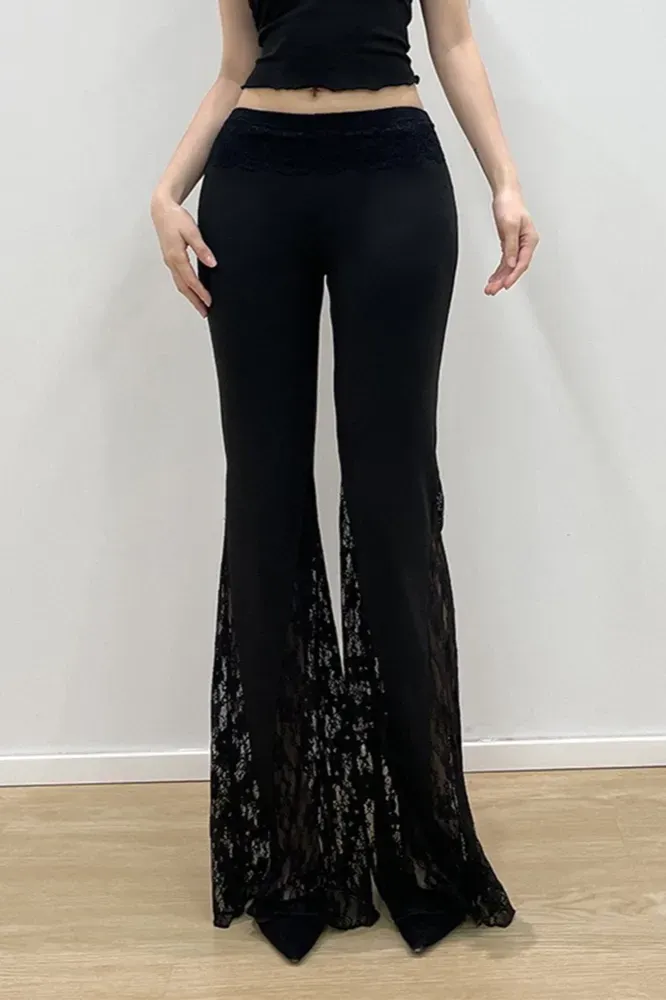 Black Lace Insert Bell Bottom Pants - NEWME