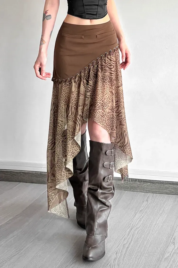 Brown Animal Print Ruffled Midi Skirt - NEWME