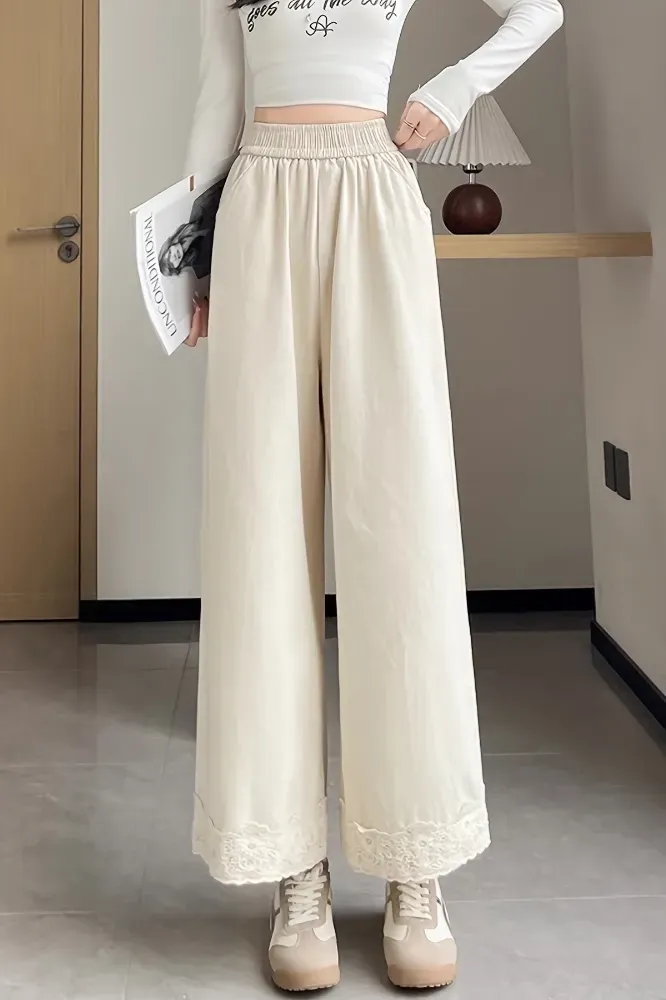 Beige High Rise Lace Insert Pants - NEWME