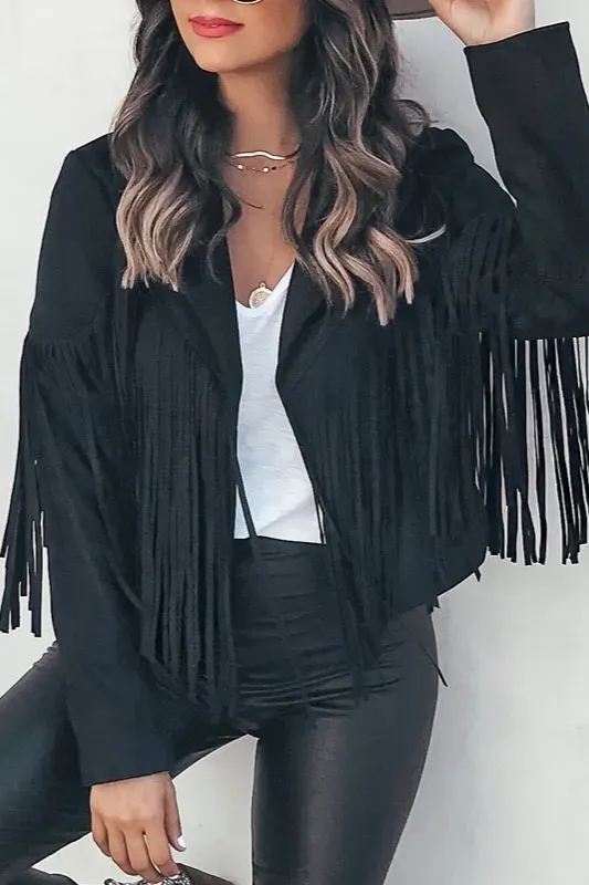 Black Fringed Lapel Collar Jacket - NEWME