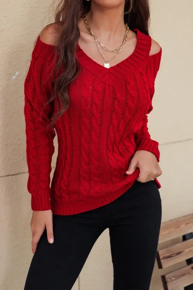 Red Cut Out Vneck Sweater - NEWME