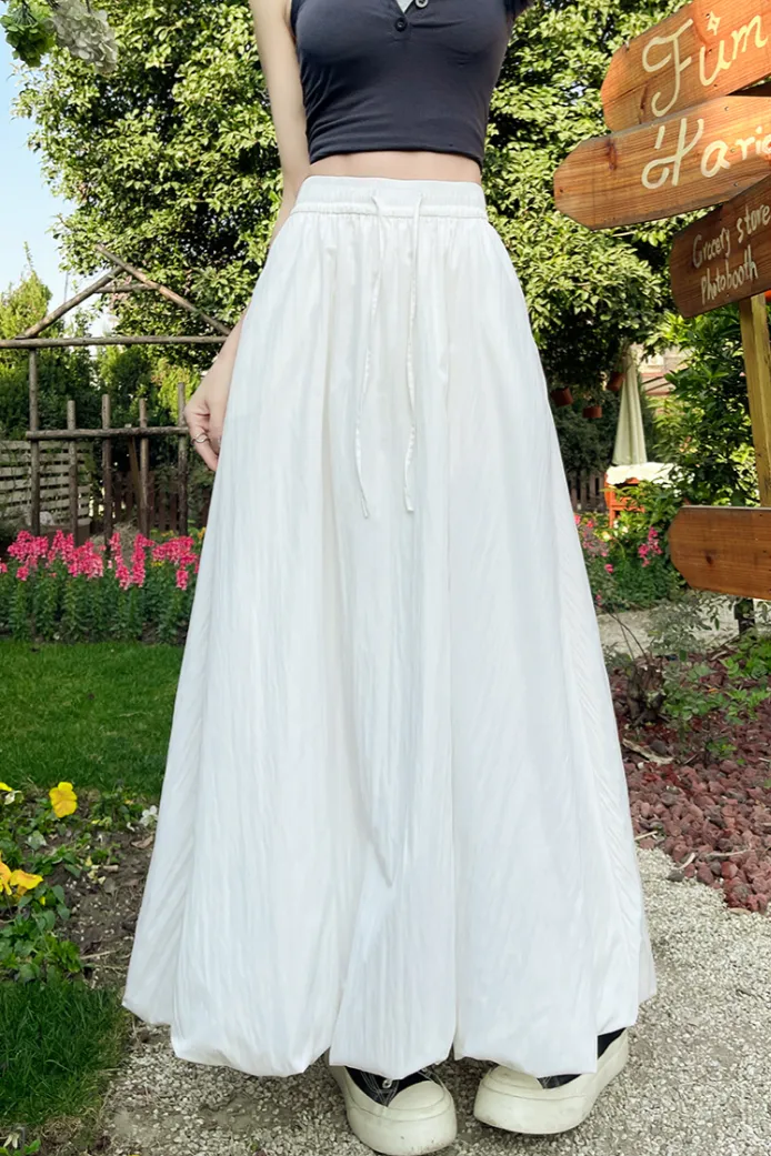 White Solid Bubble Hem Maxi Skirt - NEWME
