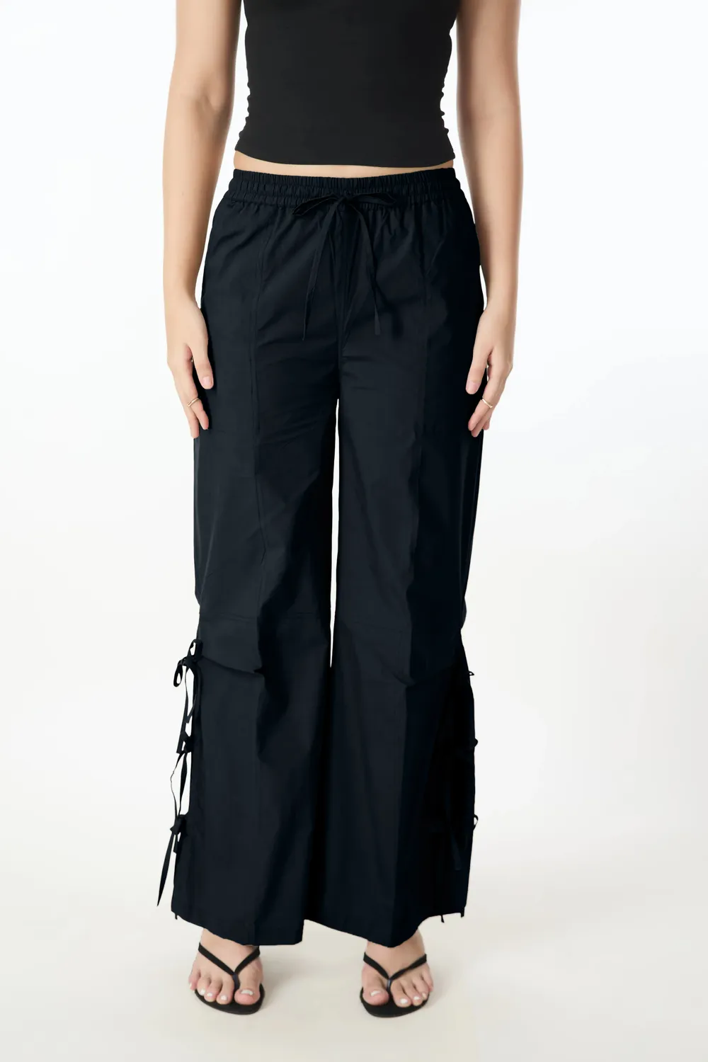 Black Solid Mid Rise Tieup Detail Pants - NEWME