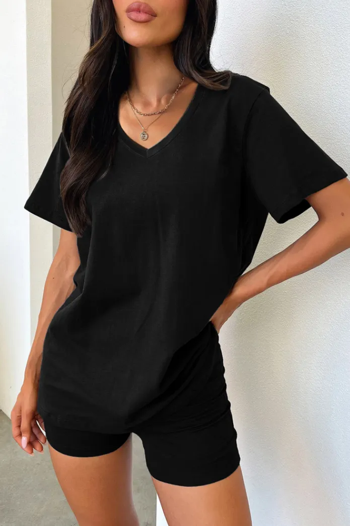 Black Solid V-Neck Co-Ord Set - NEWME