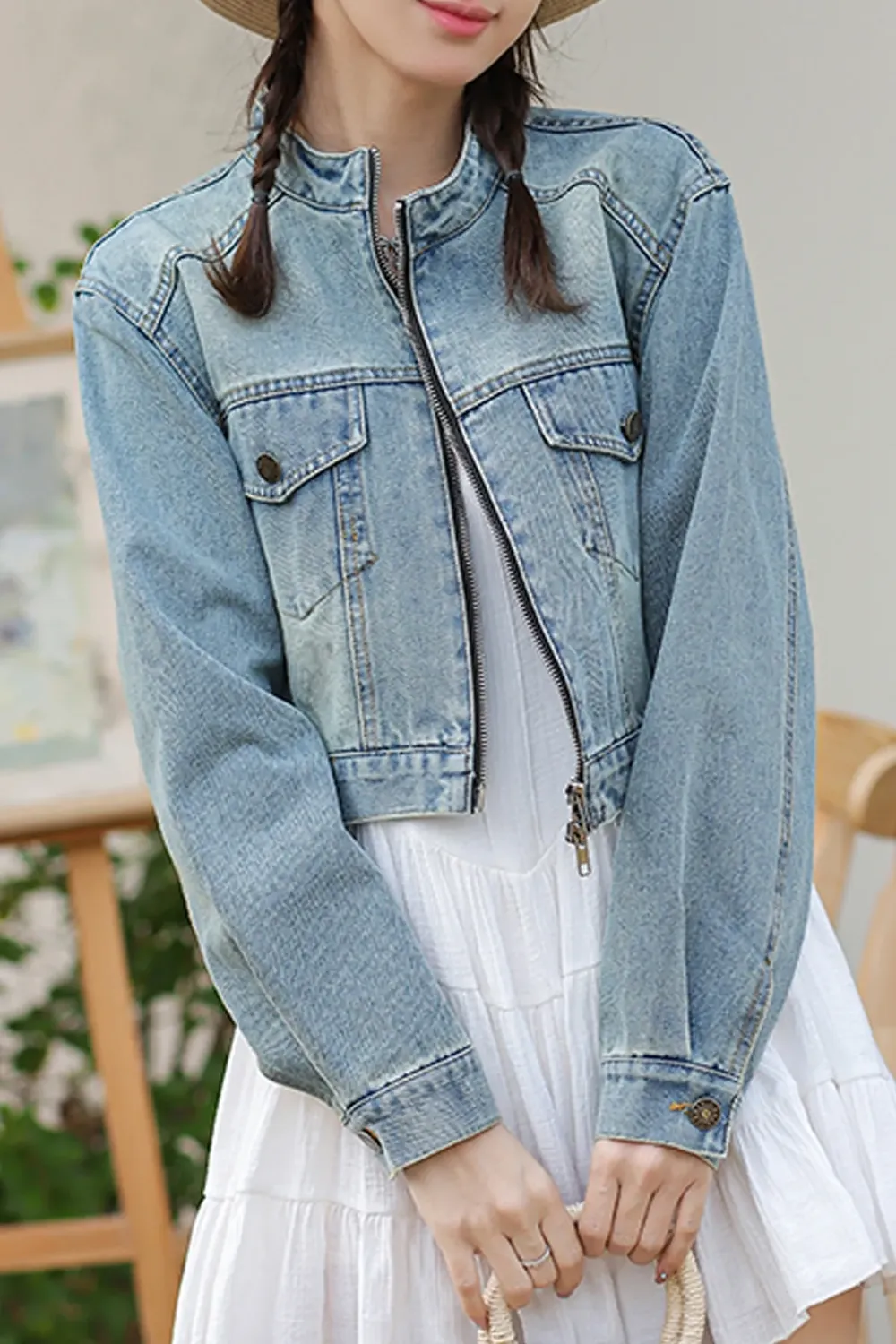 Blue Crop Zipper Denim Jacket - NEWME