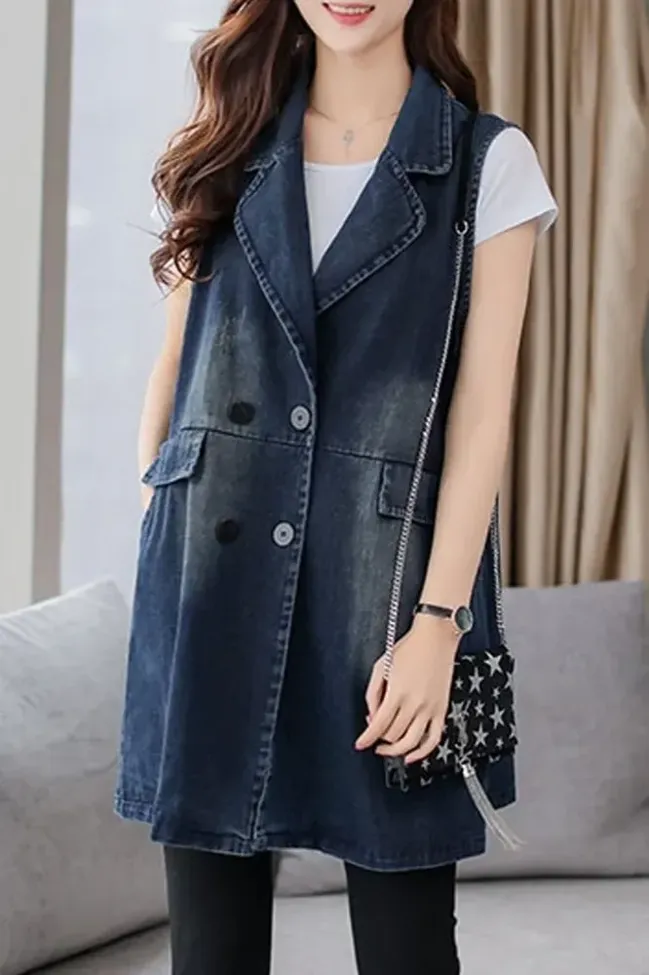 Dark Blue Lapel Collar Denim Jacket - NEWME