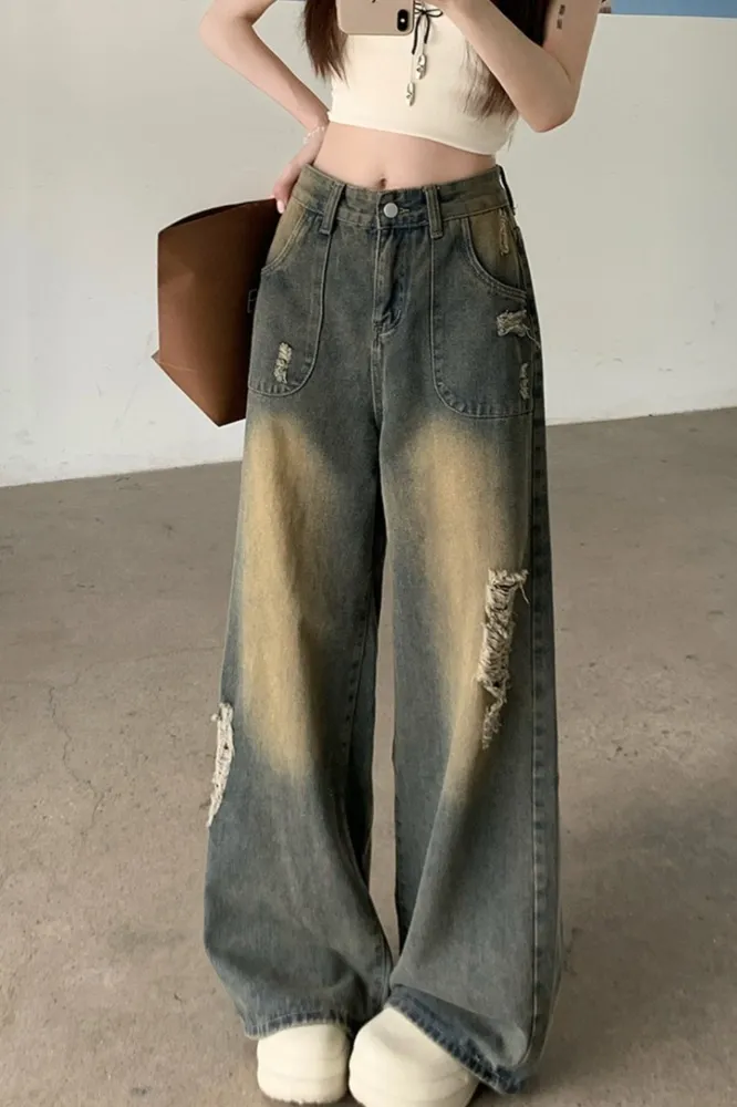 Grey Ripped Wide Leg Jeans - NEWME