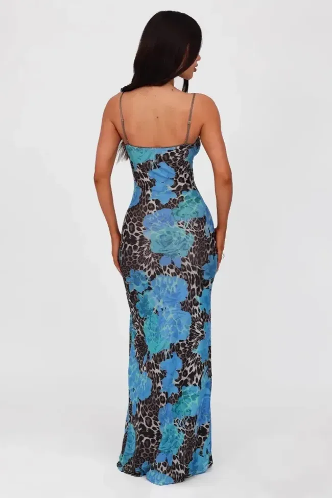 Blue Leopard Print Bodycon Maxi Dress - NEWME