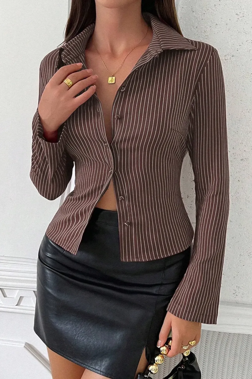 Brown Striped Fitted Button Down Shirt - NEWME