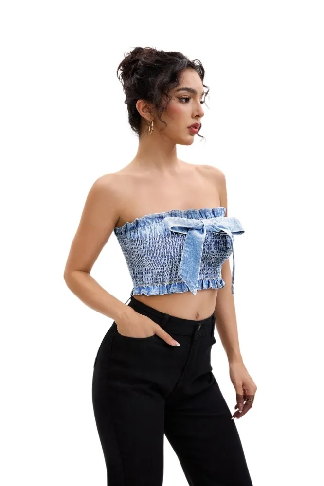 Blue Smocked Tube Denim Top - NEWME