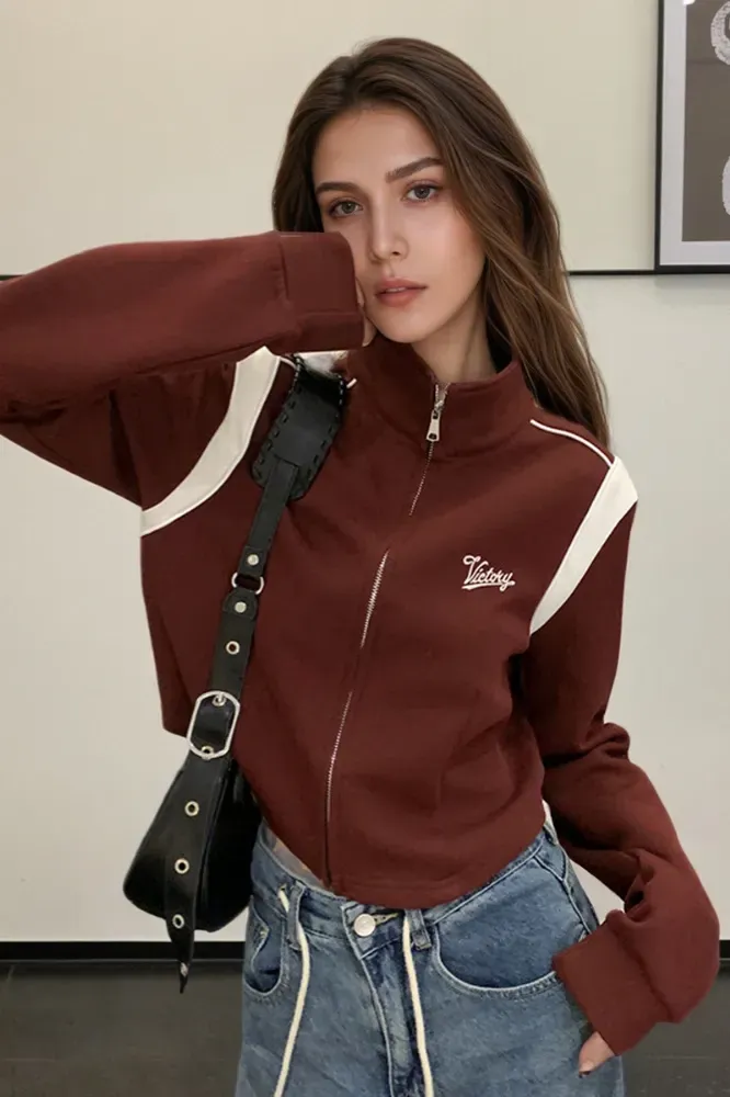 Rust Crop Zip Collar Jacket - NEWME