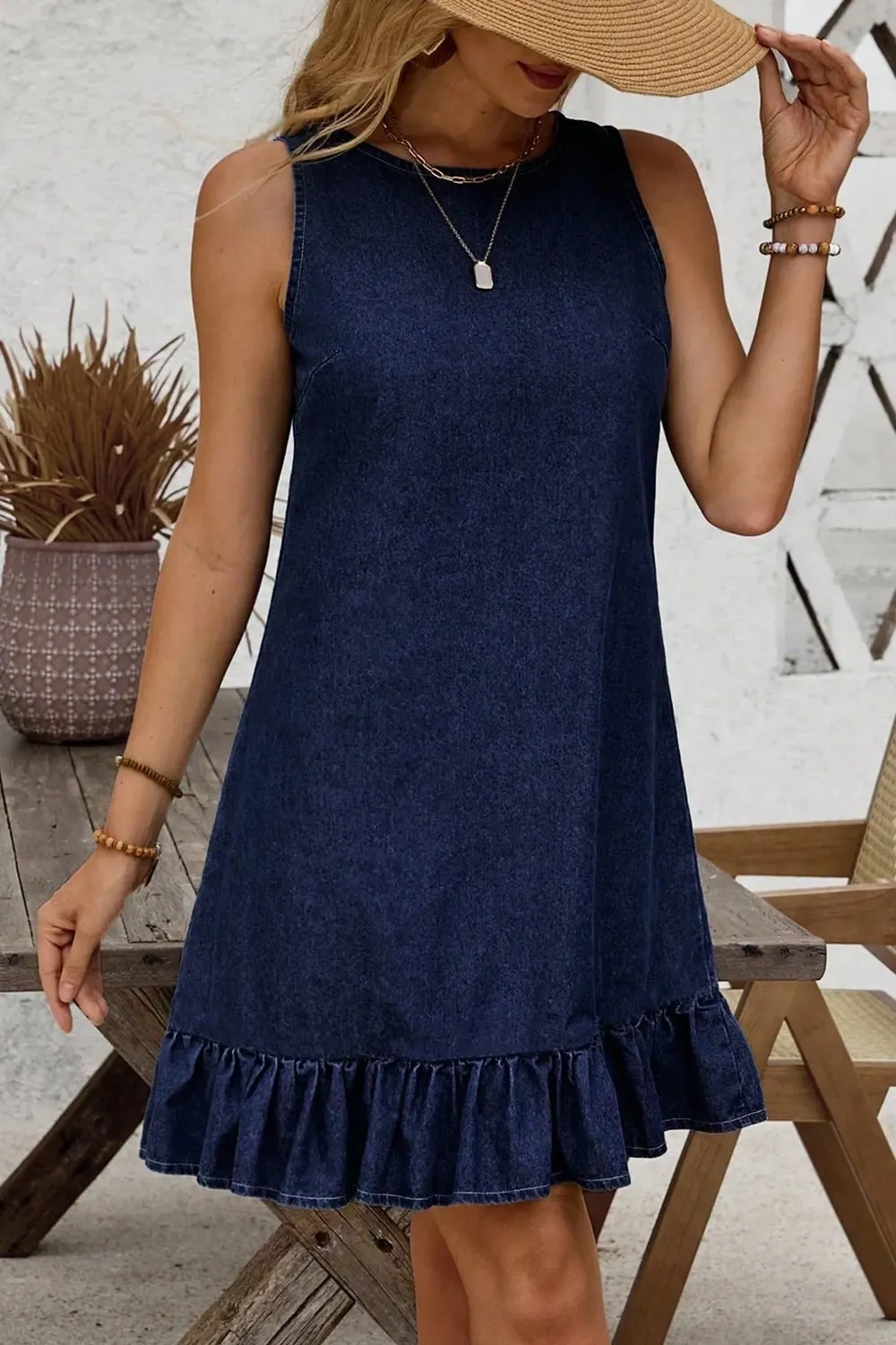 Dark Blue Ruffle Denim Mini Dress - NEWME