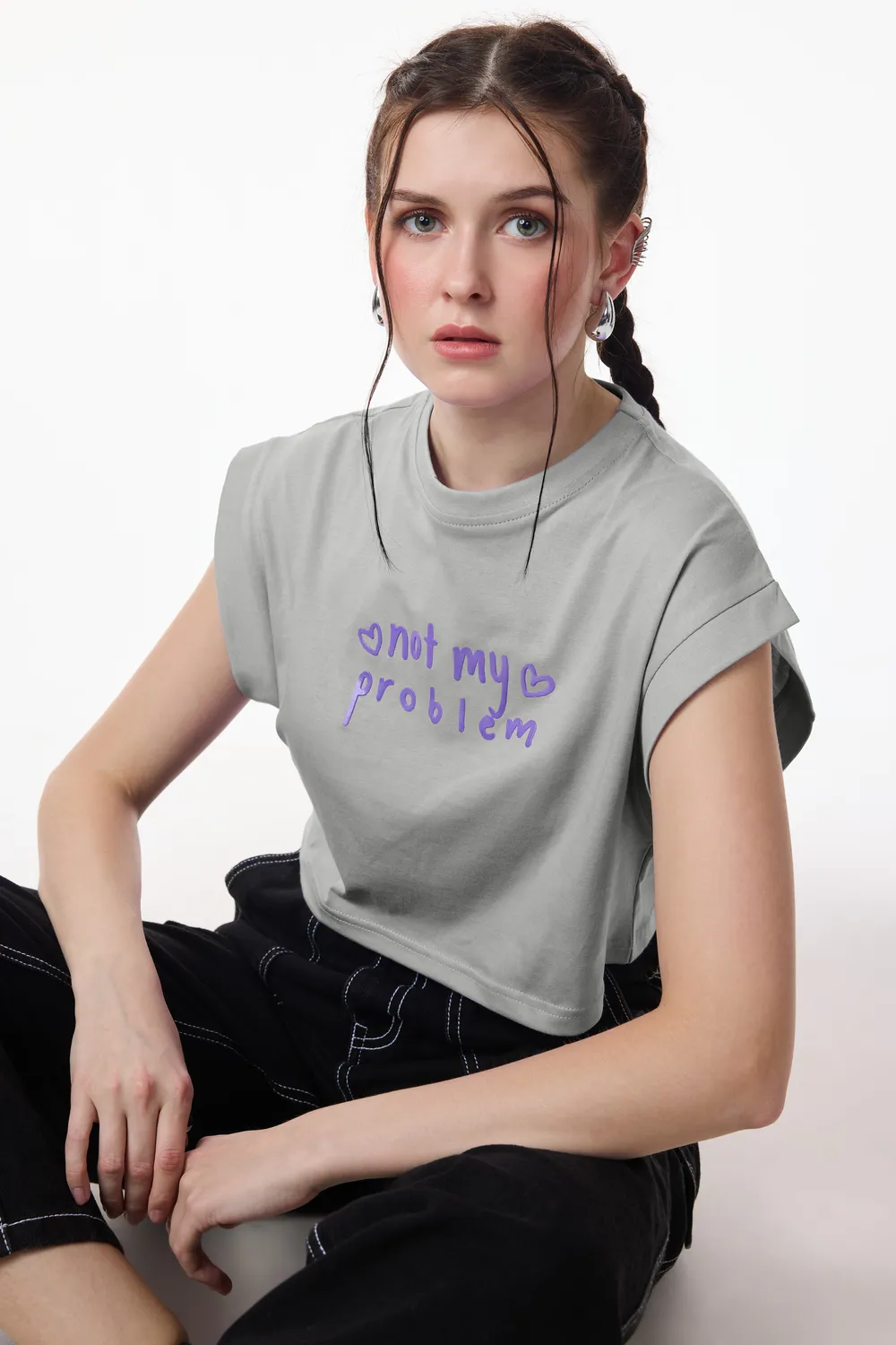 Light Grey Graphic Crew Neck Crop T-Shirt - NEWME