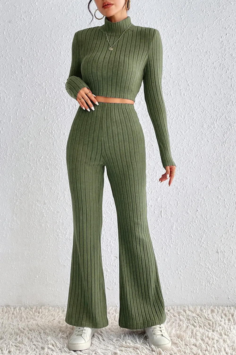 Green Solid Turtle Neck Co-Ord Set - NEWME