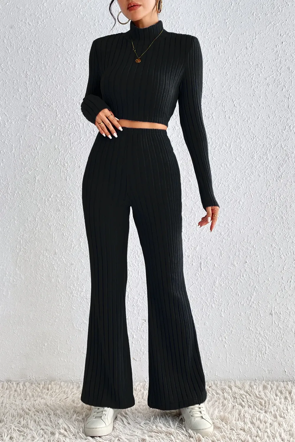 Black Solid Turtle Neck Co-Ord Set - NEWME