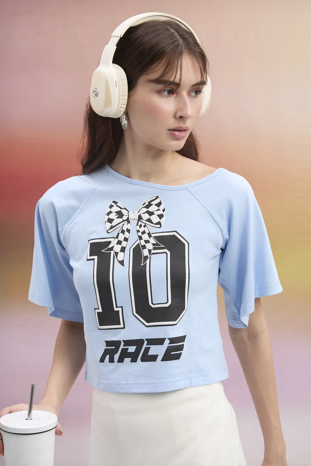 Light Blue Graphic Off Shoulder T-Shirt - NEWME