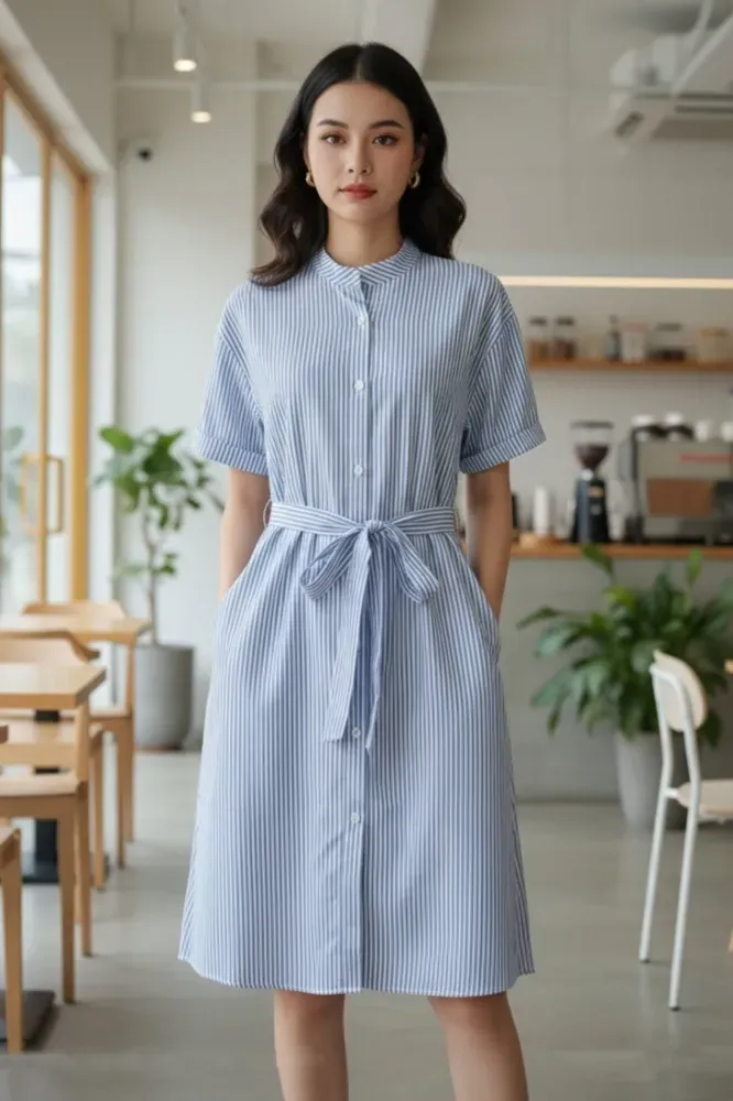 Blue Striped Shirt Tie-Up Midi Dress - NEWME