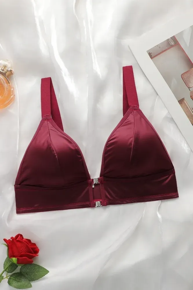 Wine Solid V-Neck Bra - NEWME