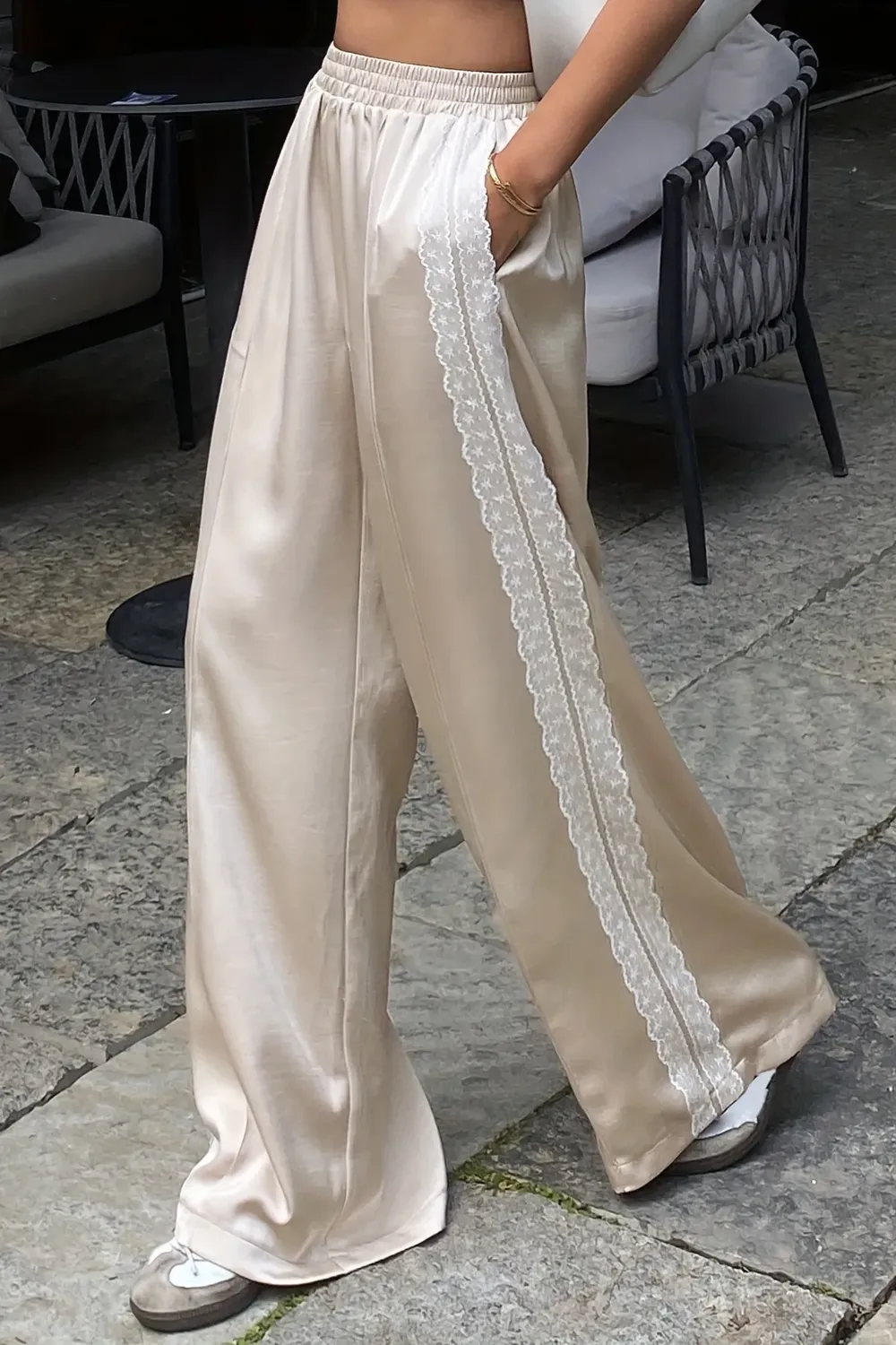 Beige Mid Rise Lace Insert Pants - NEWME