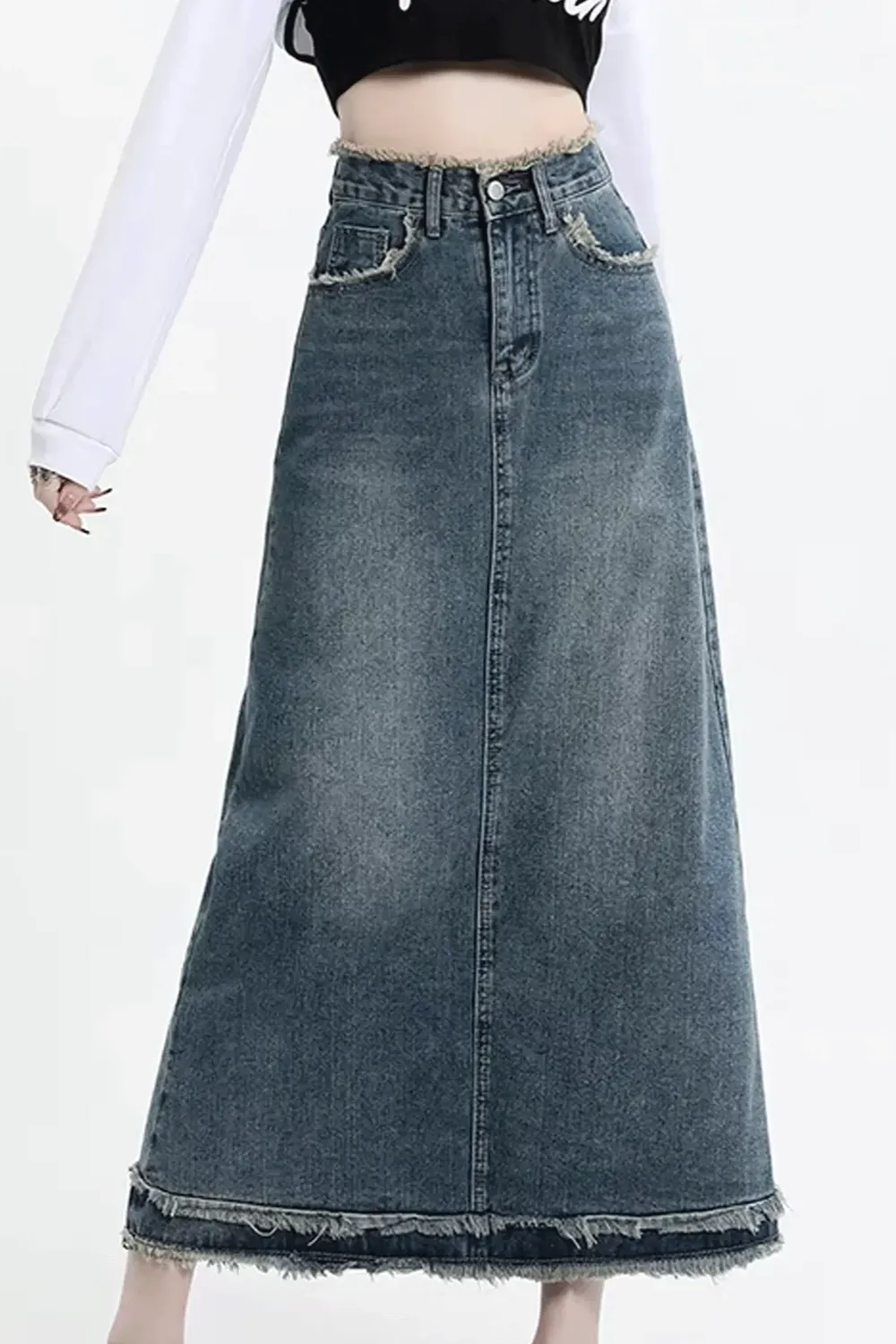 Blue Fringed High-Rise Maxi Skirt - NEWME