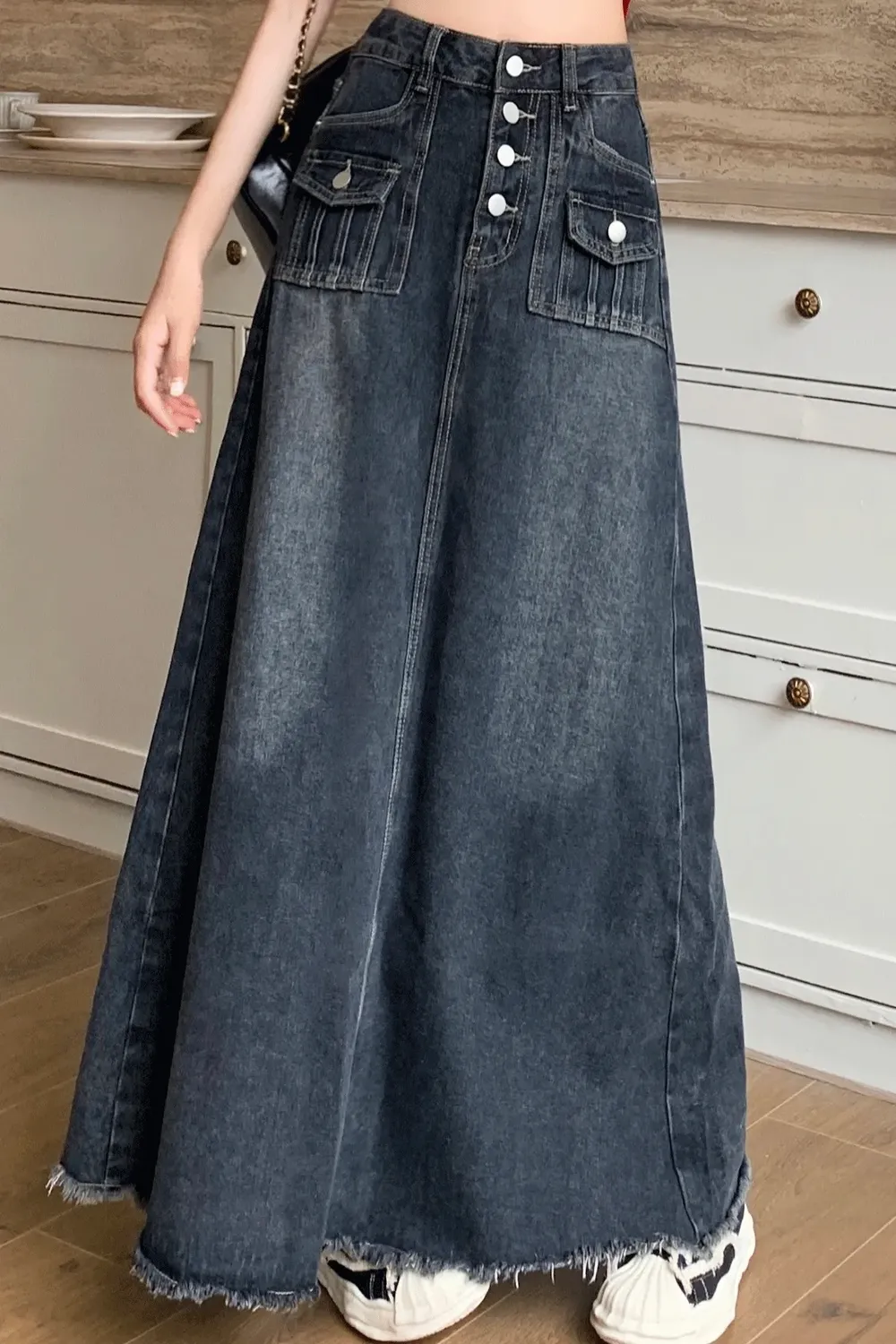 Dark Blue High Rise Maxi Skirt - NEWME