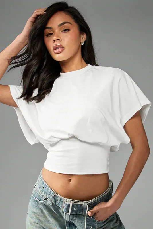 White Fitted Crew Neck Crop Top - NEWME
