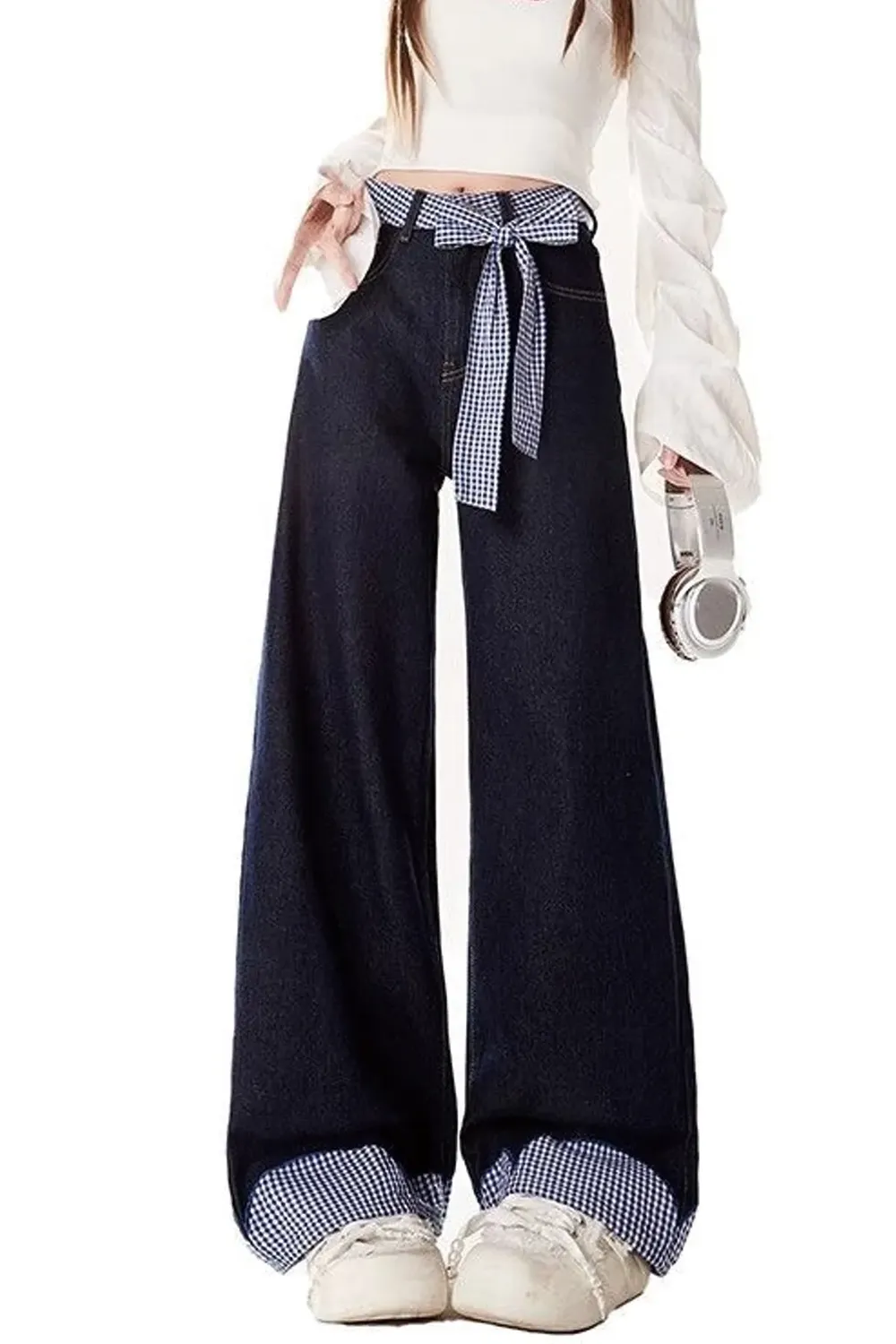 Dark Blue Gingham Tie-Up Wide Leg Jeans - NEWME