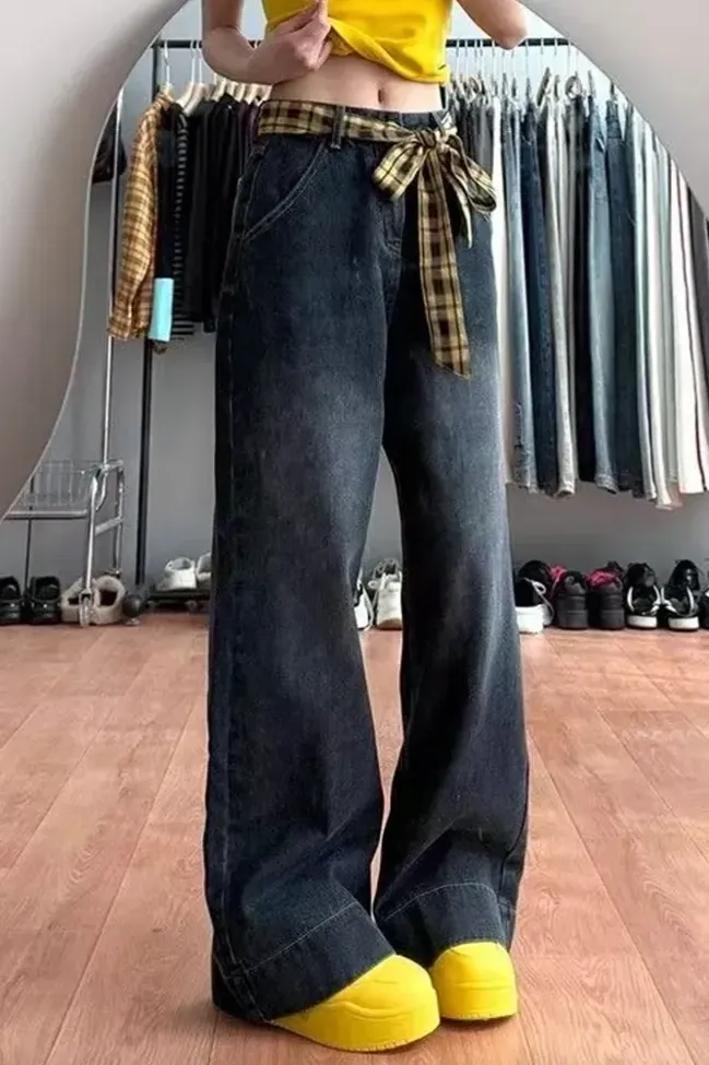 Dark Blue Tie-Up Wide Leg Jeans - NEWME