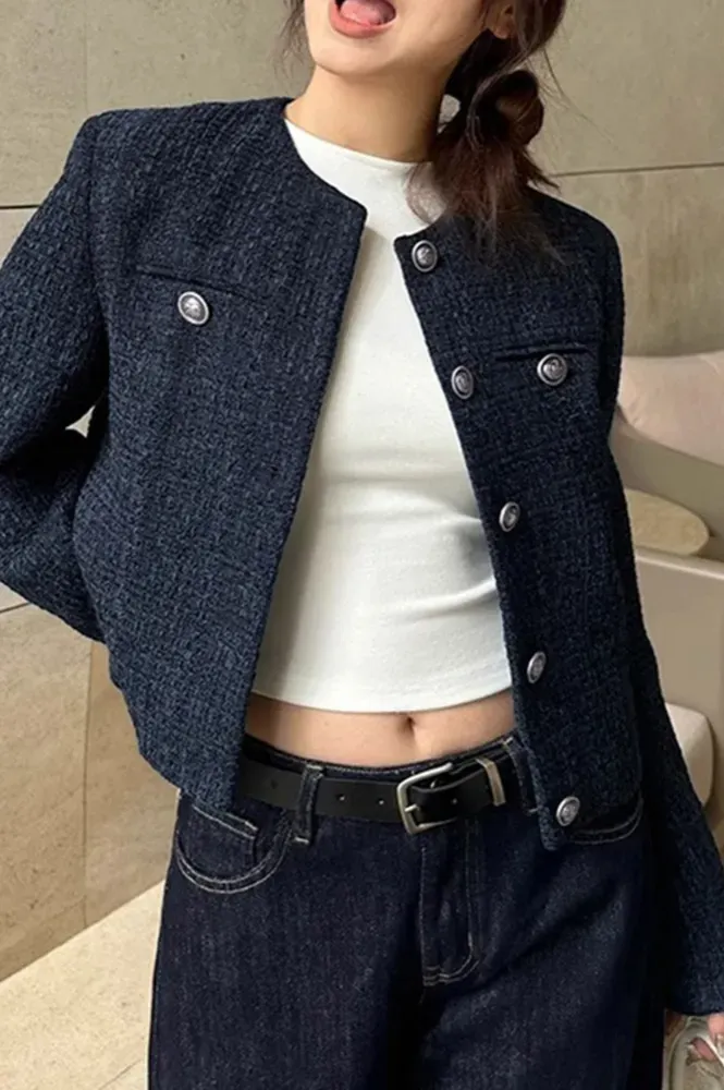 Dark Blue Round Neck Buttoned Jacket - NEWME