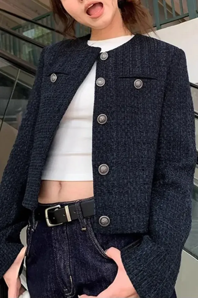 Dark Blue Round Neck Buttoned Jacket - NEWME